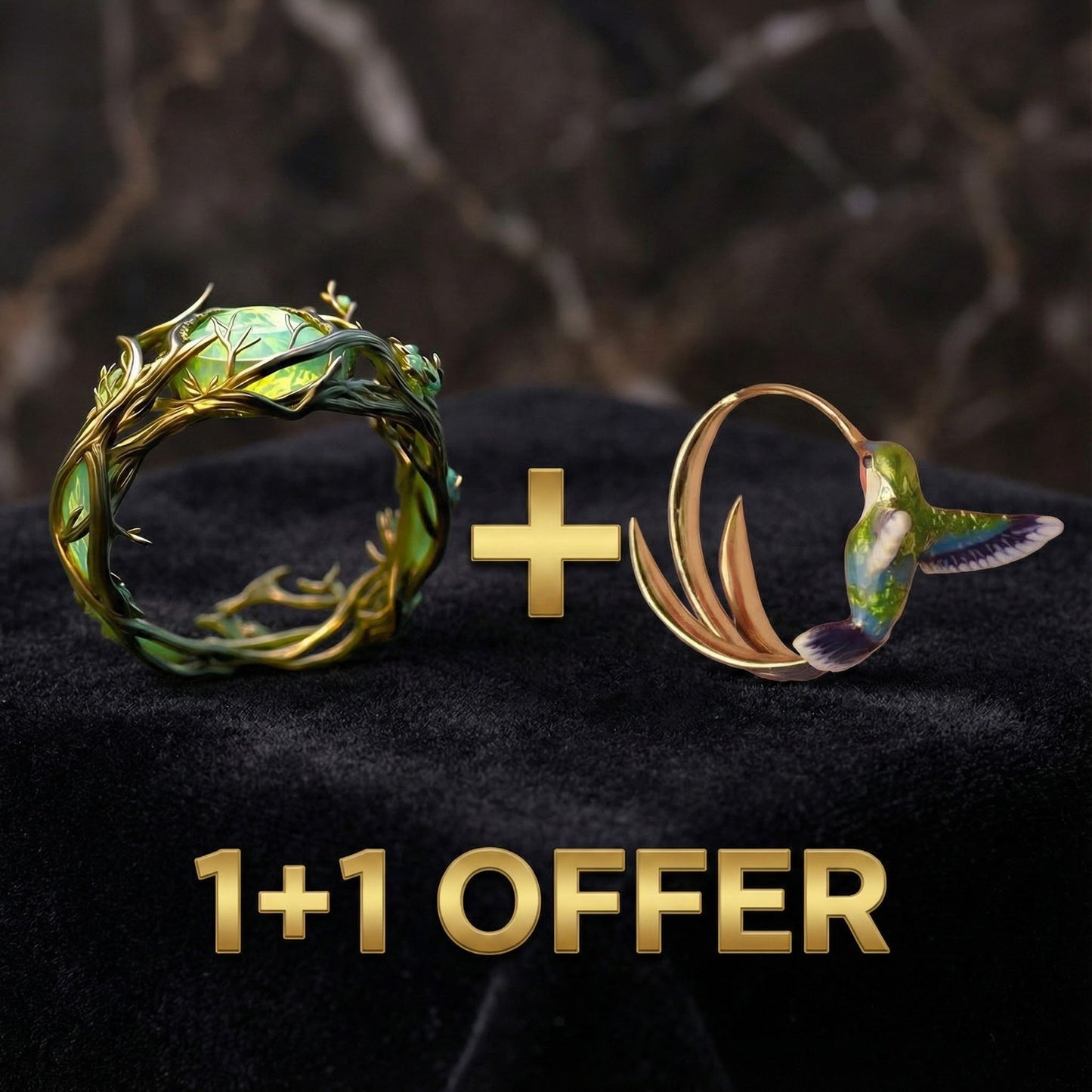 1+1 Offer: Vintage Enamel Hummingbird Hoop Earrings + Green Opal Natur ...